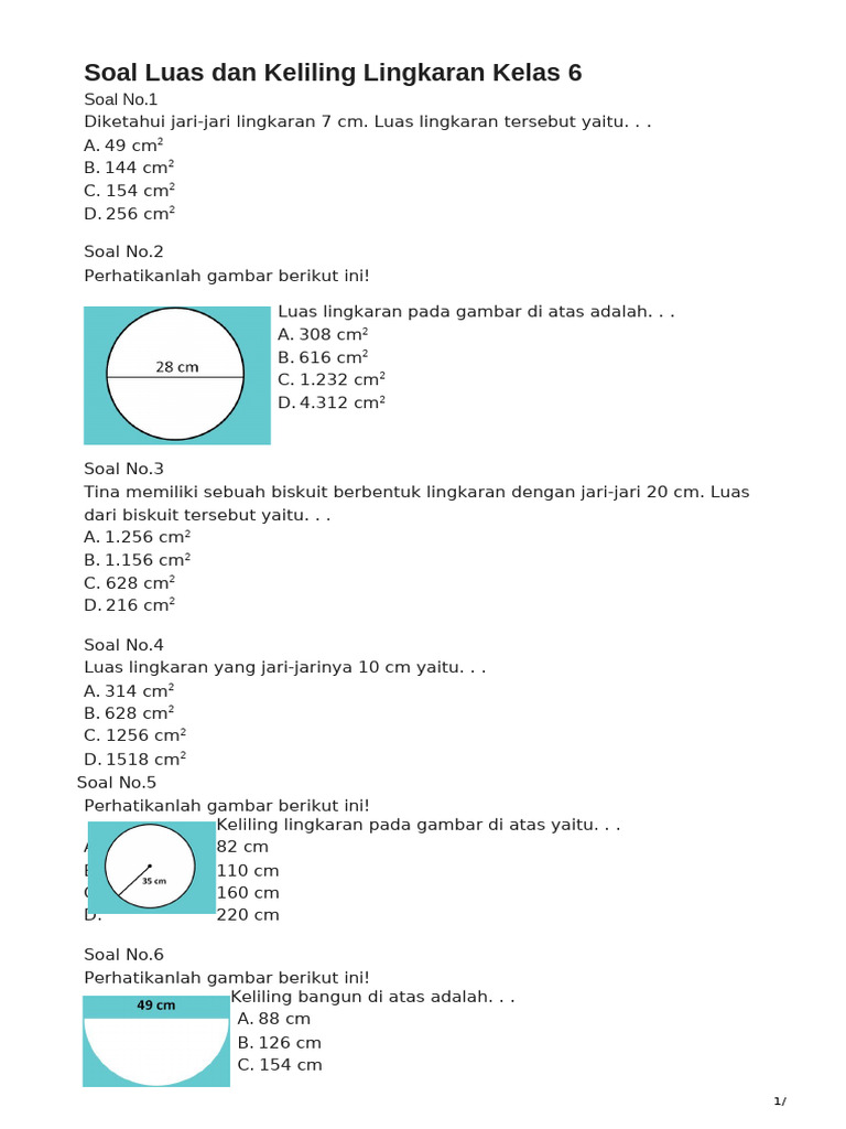 Soal Luas Dan Keliling Lingkaran Kelas 6 | PDF