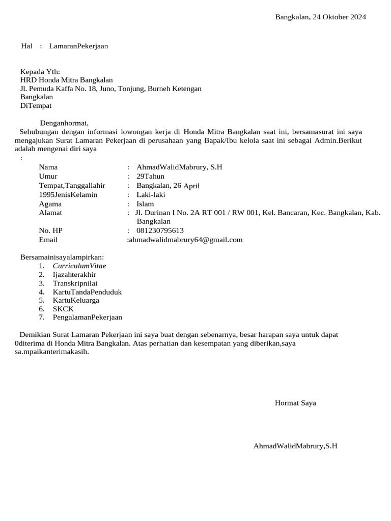 CV DAN SURAT LAMARAN KERJA PT. Prima Fajar Cahaya Surya | PDF