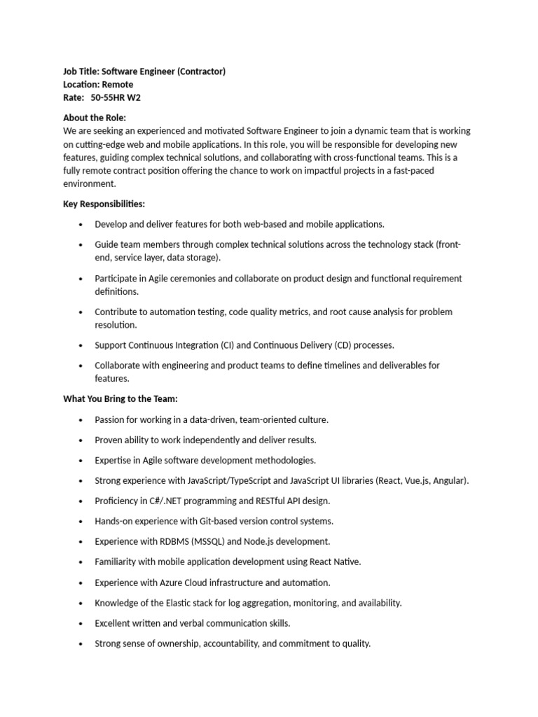 Remote Software Engineer Contract Position | PDF | Cloud Computing | Agile Software Development