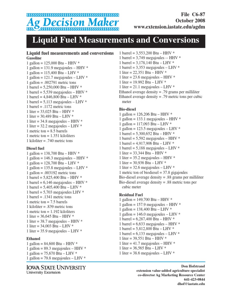 Liquid Fuel Measurements and Conversions | PDF | Barrel (Unit ...