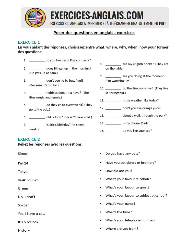 Questions en anglais : Exercices pratiques | PDF