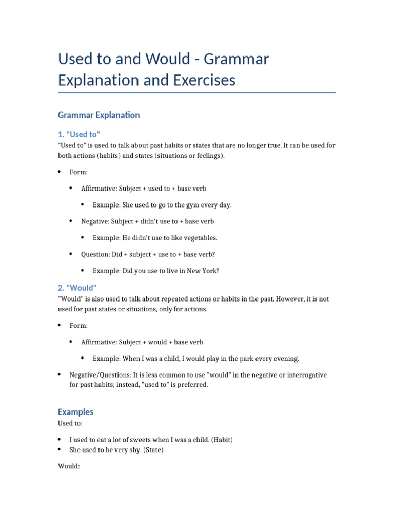 Used To and Would Grammar Explanation | PDF