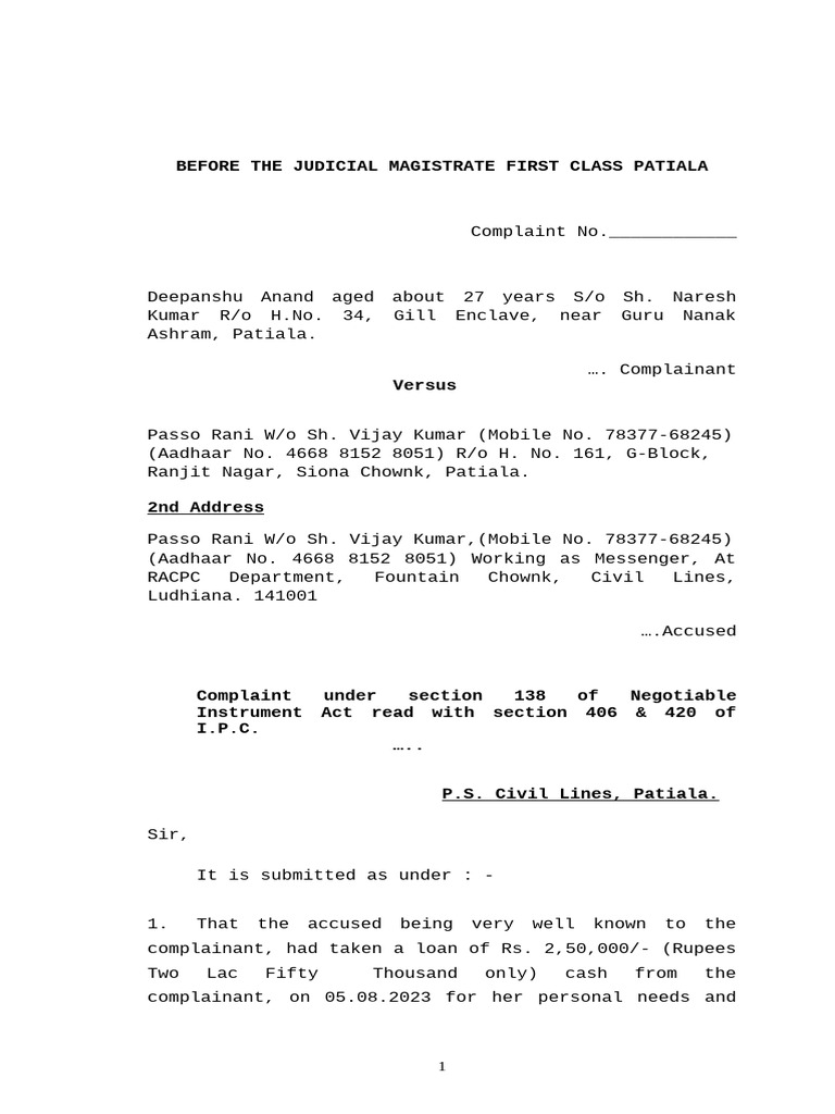1 (Feb 2024) Comp. Deepanshu Anand Vs PassoRani | PDF | Cheque | Complaint