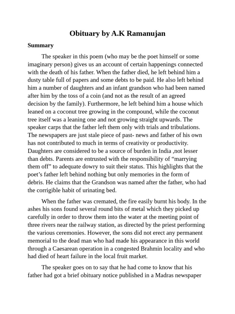 Obituary by R K Narayan | PDF | Poetry