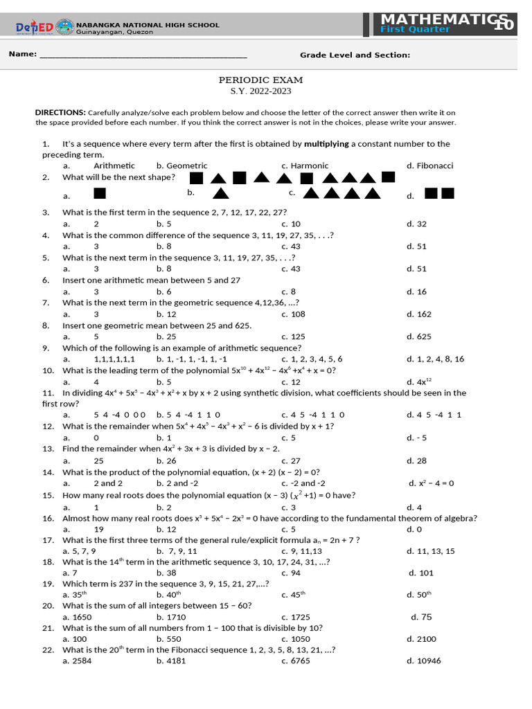 Exam G10 Q1 | PDF | Polynomial | Zero Of A Function