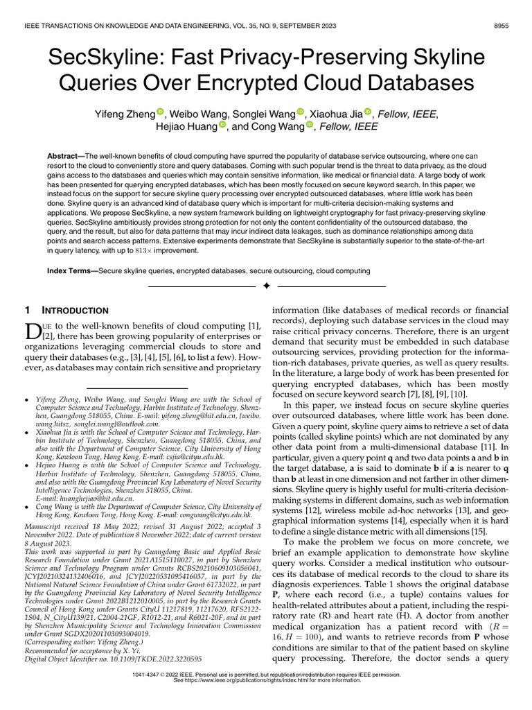 SecSkyline Fast Privacy-Preserving Skyline Queries Over Encrypted Cloud Databases | PDF ...