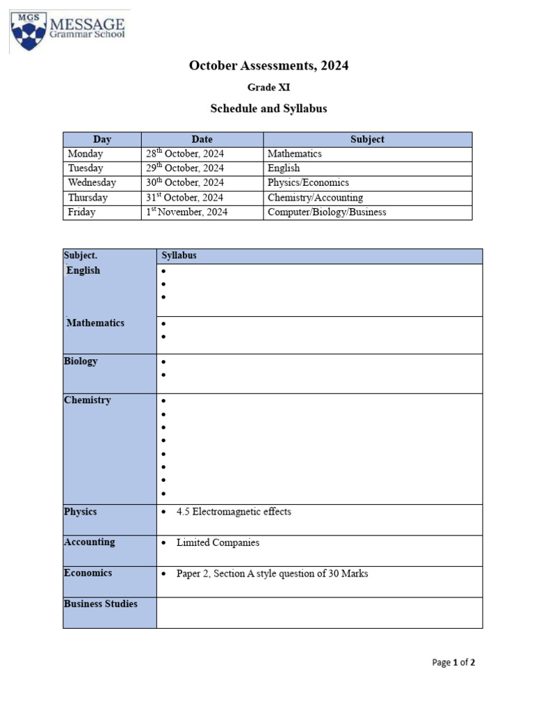 Grade XI Schedule & Syllabus 2nd Bimonthly 2024 - 2025 | PDF