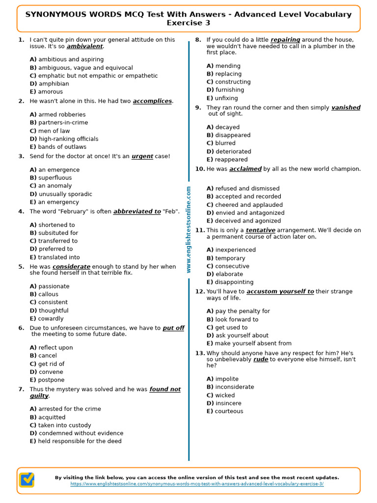 669 - Synonymous Words MCQ Test With Answers Advanced Level Vocabulary ...