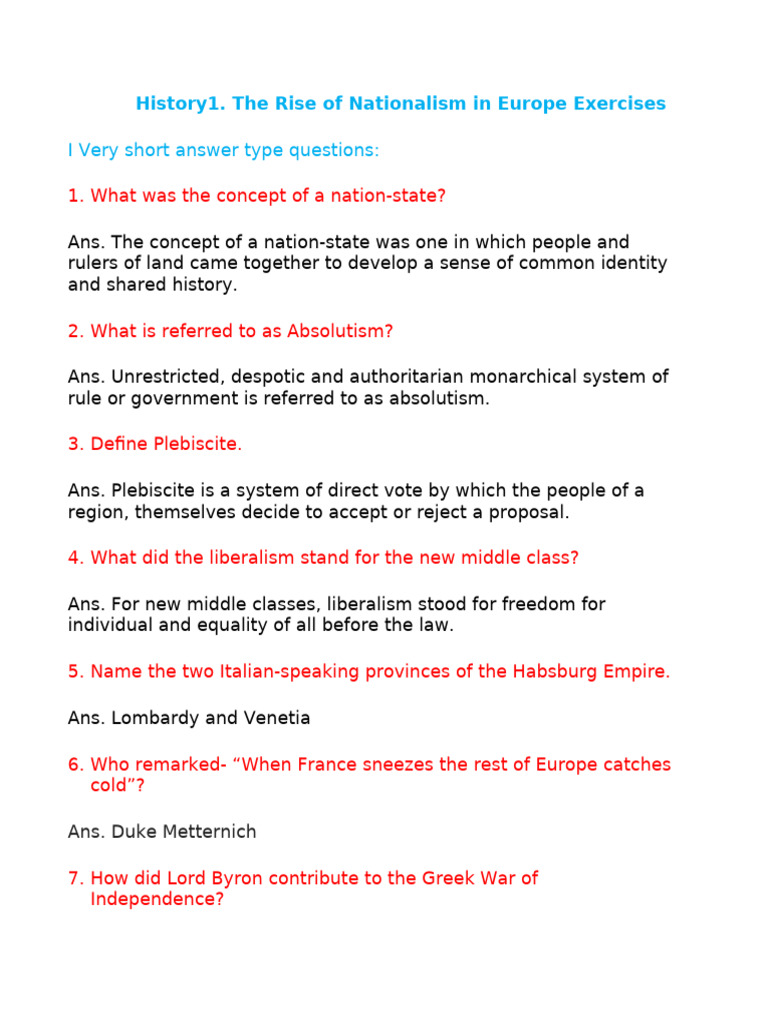 The Rise Nationalism in Europe (Exercise) | PDF | Kingdom Of Prussia ...