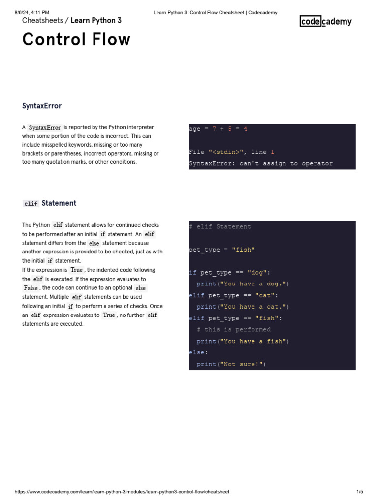 Learn Python 3 - Control Flow Cheatsheet - Codecademy | PDF | Boolean ... Learn Python 3 - Control Flow Cheatsheet - Codecademy | PDF | Boolean ...