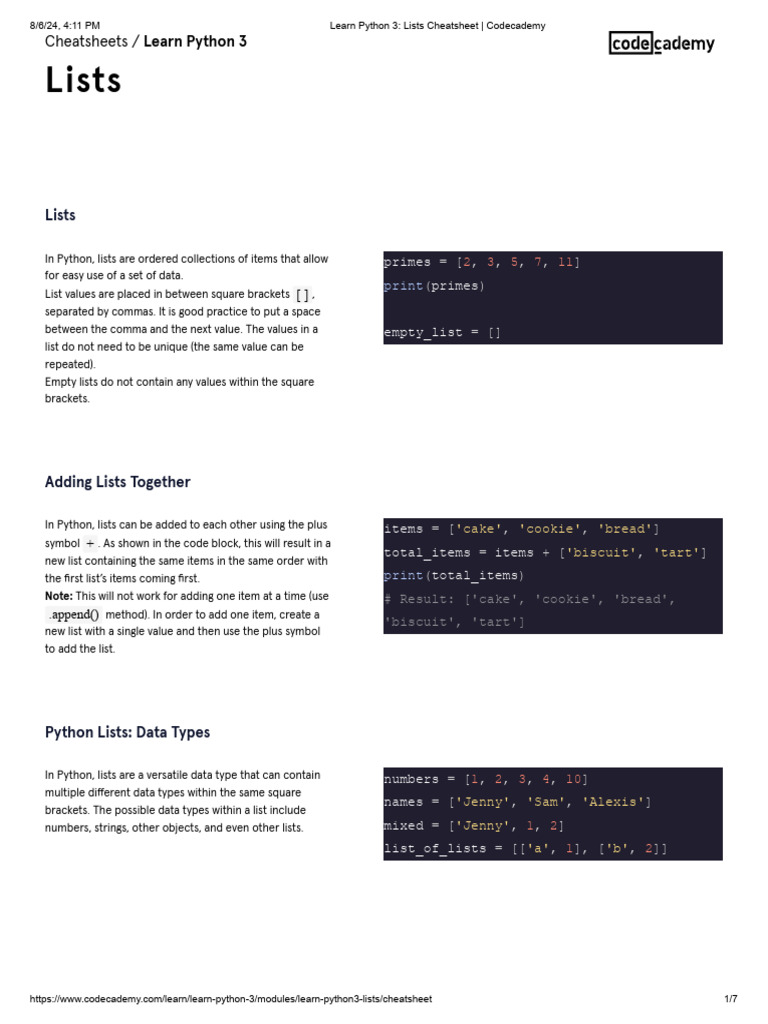 Learn Python 3 - Lists Cheatsheet - Codecademy | PDF | Python (Programming Language) | Computer ...