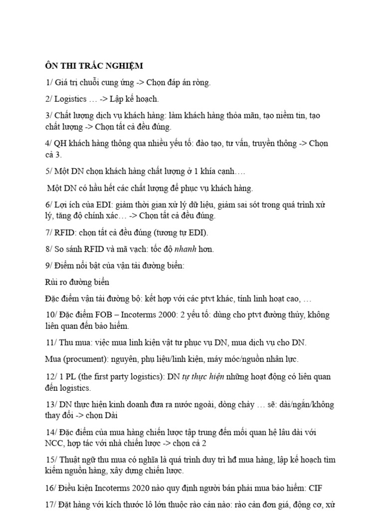On Thi Trac Nghiem Mon Quan Tri Logistic 659 | PDF