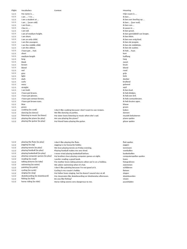 EN1 Vocabulary List Unit 1 | PDF | Hobbies