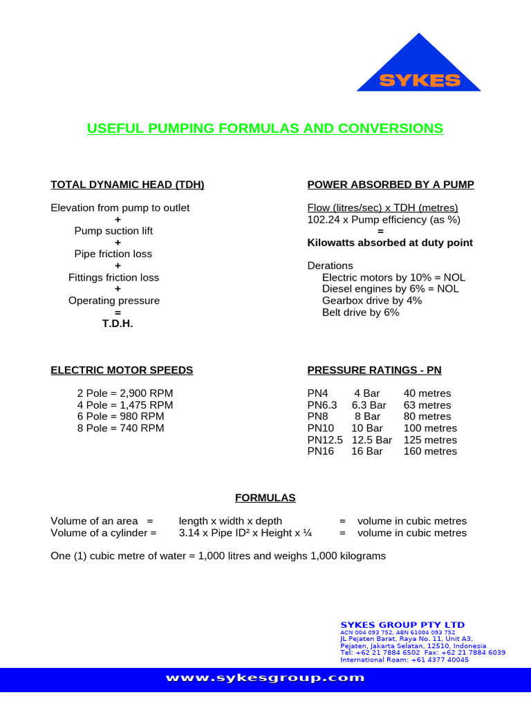 Useful Pump Formulas and Conversions | PDF | Pump | Volume