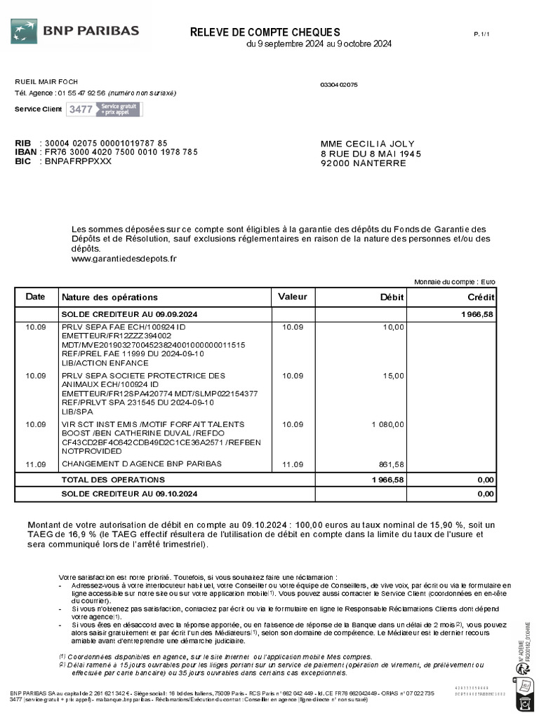 Relevé de compte BNP Paribas 2024 | PDF | Banques | Services financiers