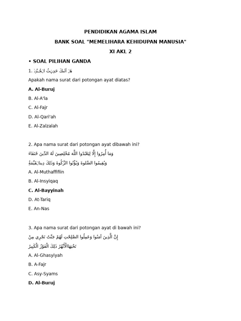 Bank Soal (Memelihara Kehidupan Manusia) Xi Akl 2 | PDF