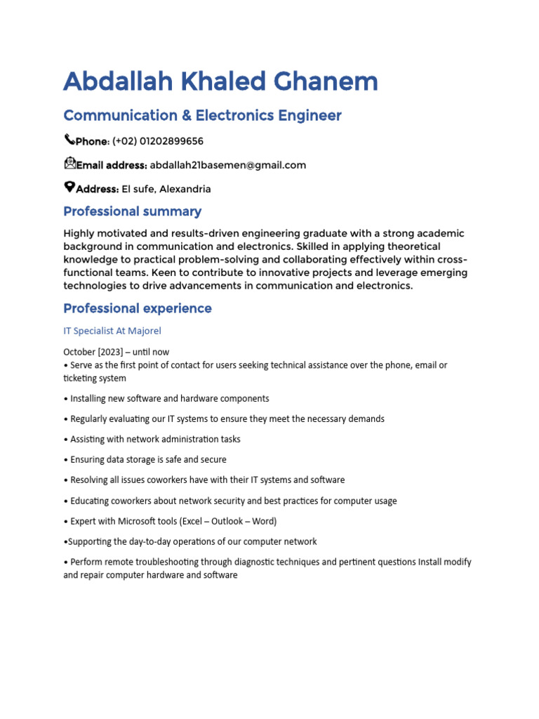 Abdallah Khaled Ghanem: Communication & Electronics Engineer | PDF | Computer Network | Software