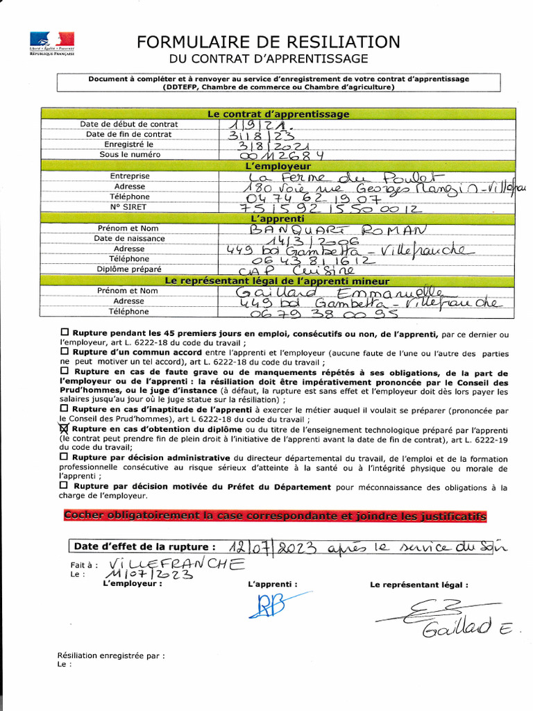 Formulaire de Résiliation Du Contrat Apprentissage | PDF