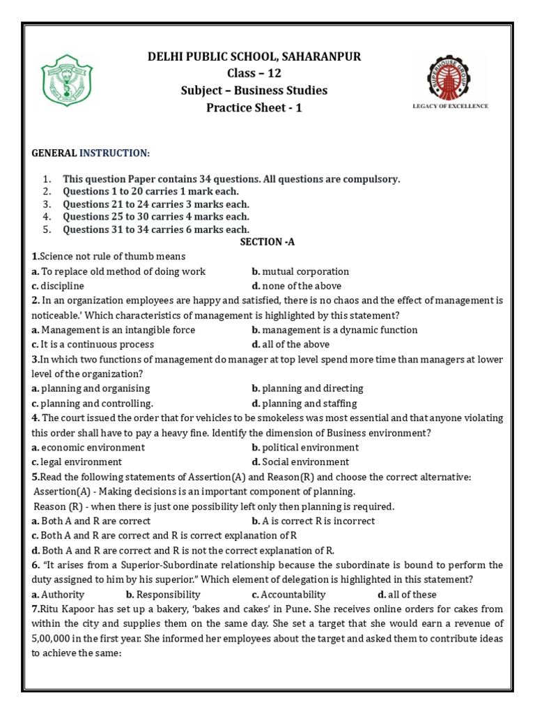 Class - 12 B.ST Practice Sheet-1 | PDF | Organizational Structure | Leadership