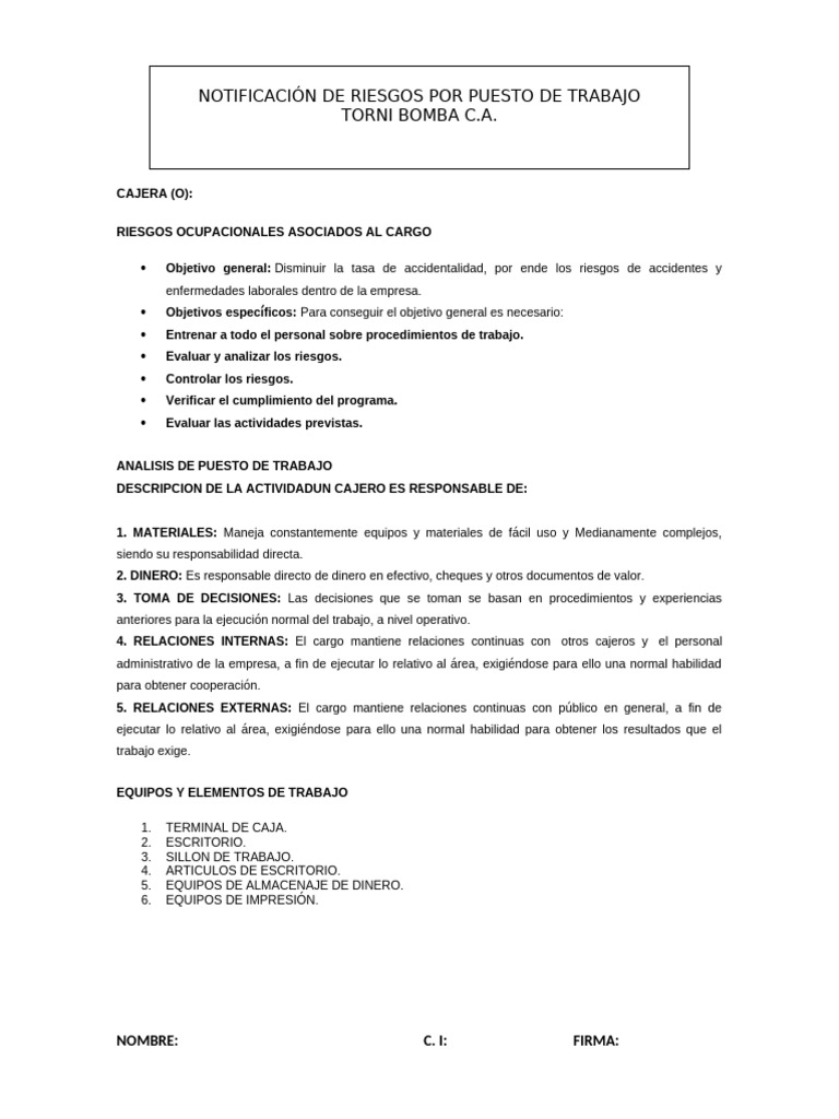 Notificacion de Riesgos Por Puesto de Trabajo Cajeras Torni Bomba | PDF ... Notificacion de Riesgos Por Puesto de Trabajo Cajeras Torni Bomba | PDF ...