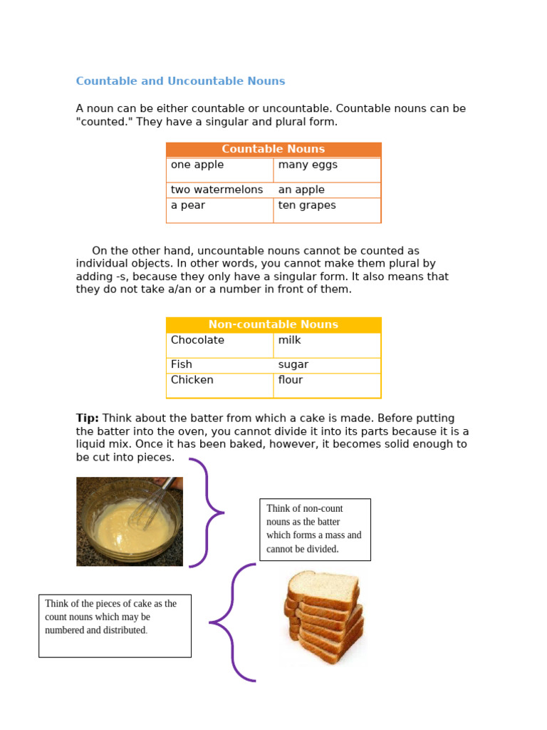 Countable and Uncountable Nouns 1 | PDF | Noun | Cakes