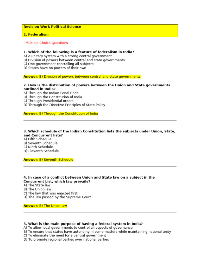 Revision Work Political Scienc2. Federalism | PDF | Federalism | Government