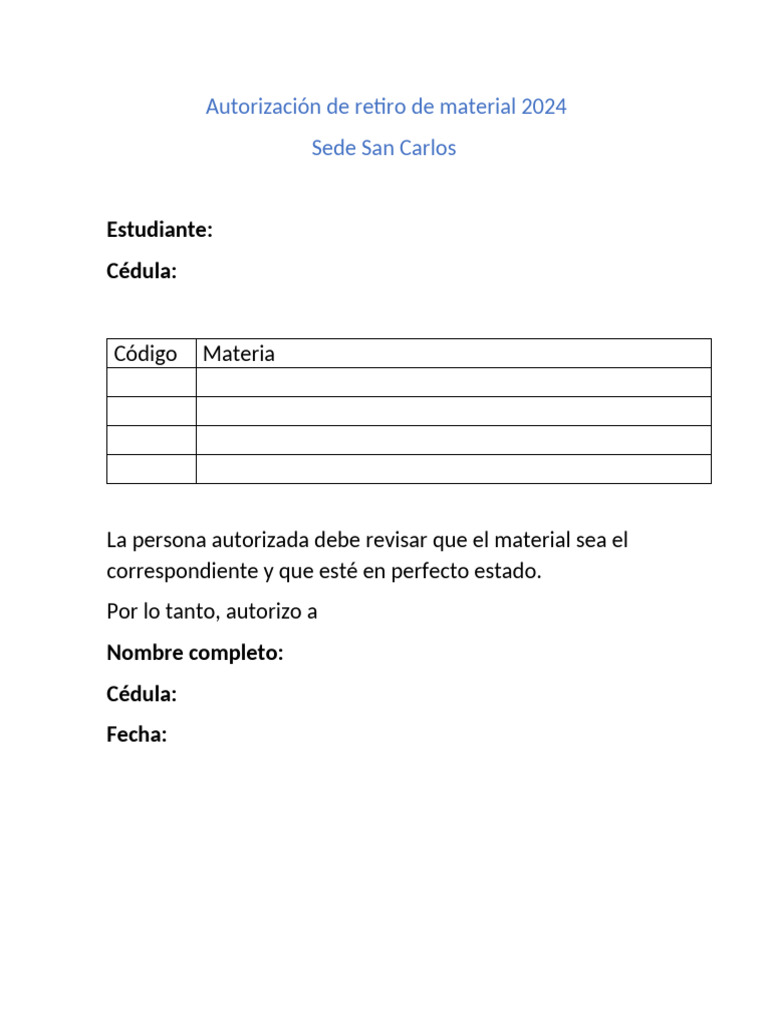 Autorización de Retiro de Material | PDF | Derecho
