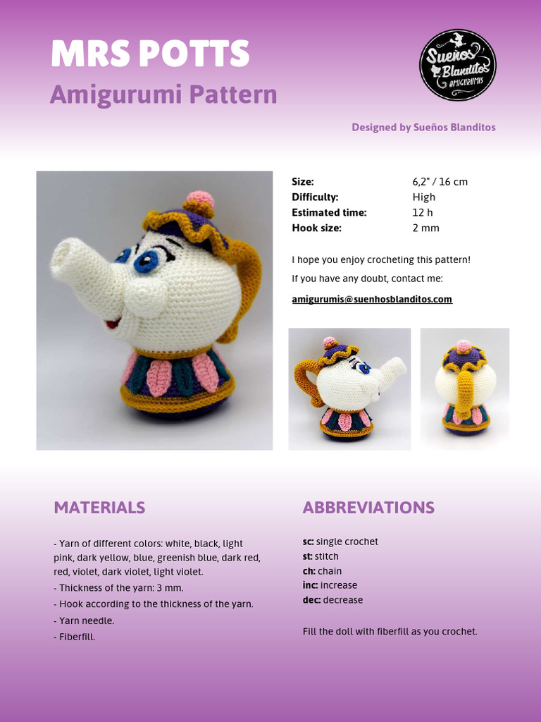 Mrs Potts Pattern English | PDF | Crochet | Textiles