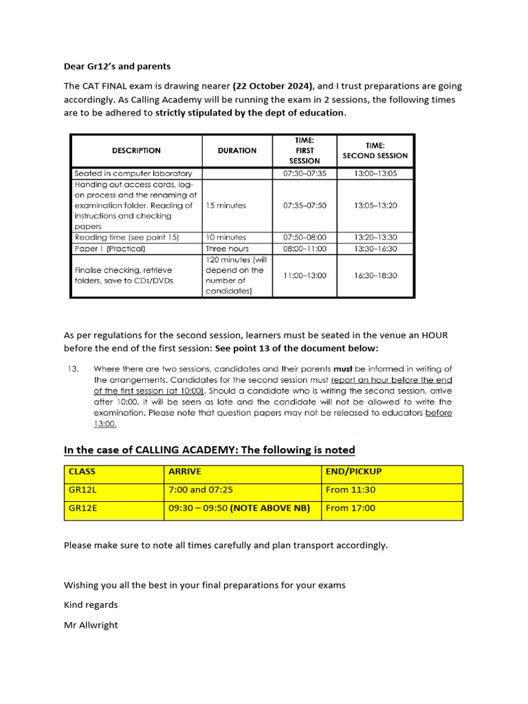 Gr12 CAT Exam Schedule and Details | PDF