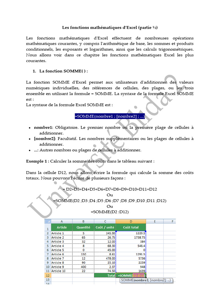 Fonctions Mathématiques d'Excel | PDF | Microsoft Excel | Fonction ...