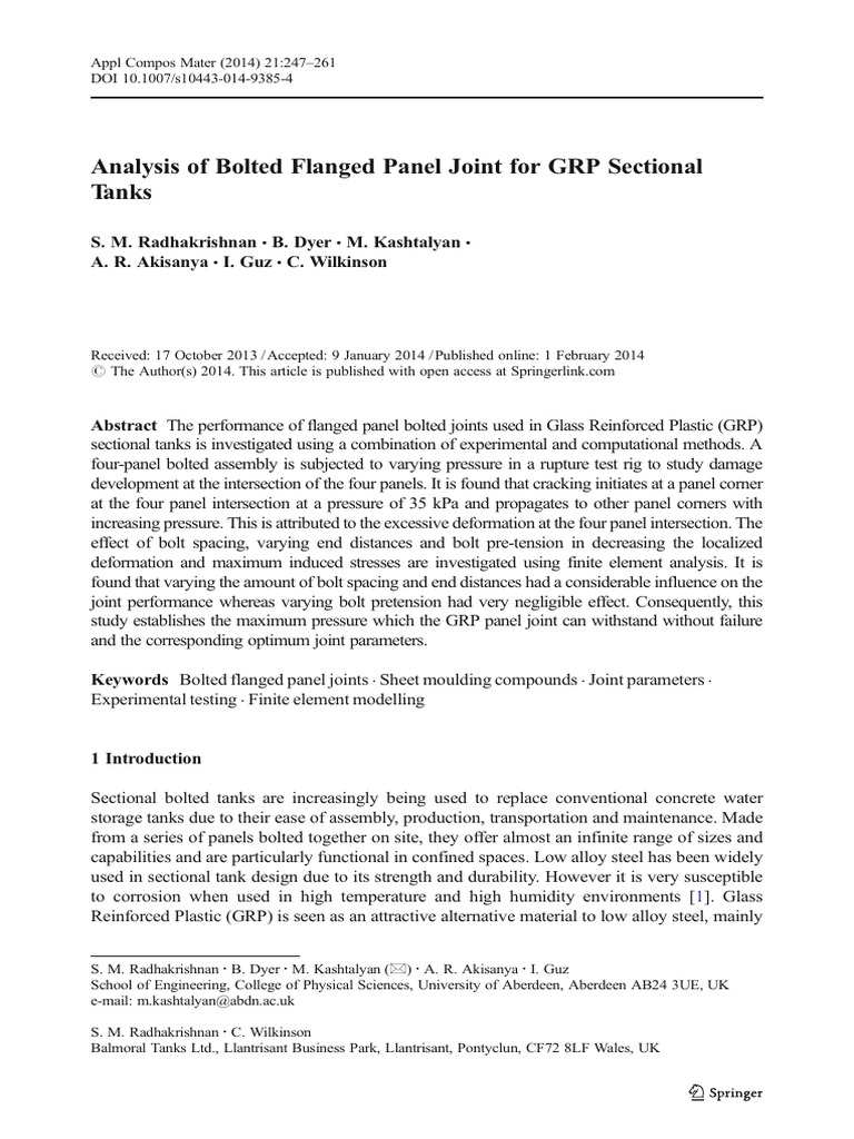 Analysis of Bolted Flanged Panel Joint For GRP Sectional Tanks ...
