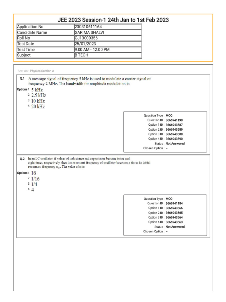 Jee Question Paper | PDF | Multiple Choice | Observation