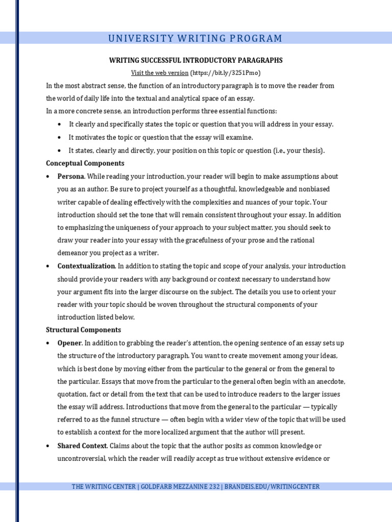 Writing Successful Introductory Paragraphs Handout | PDF | Essays | Thesis