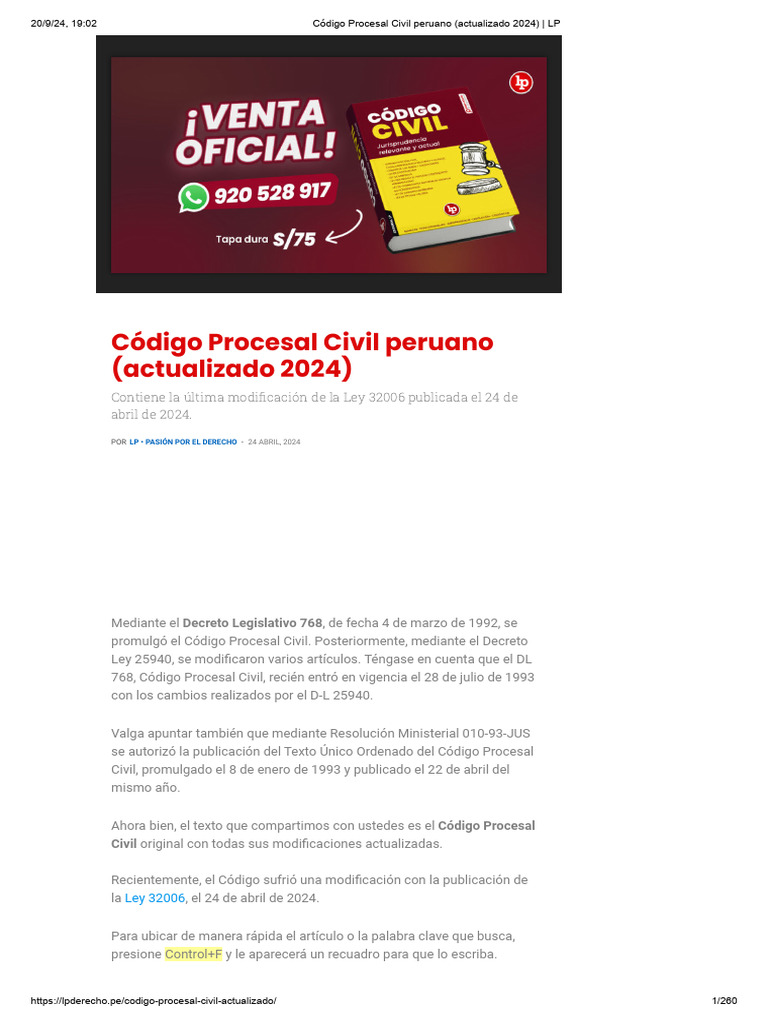 Código Procesal Civil Peruano (Actualizado 2024) - LP | PDF | Caso de ...