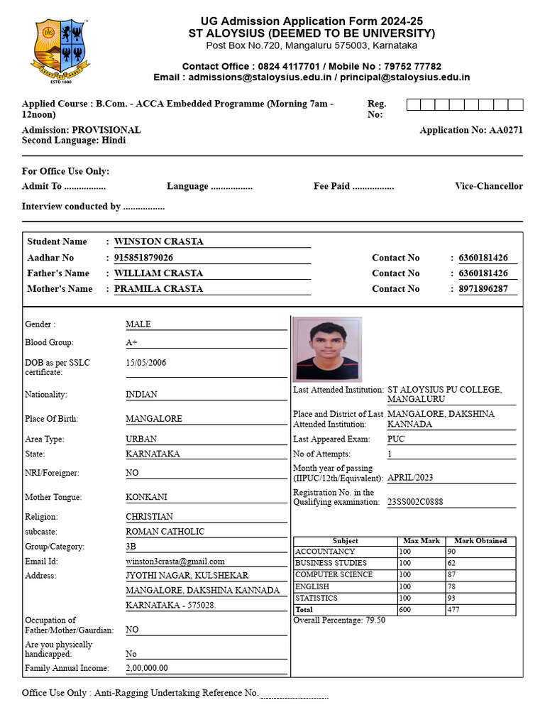 UG Admission Application Form 2024-25 | PDF