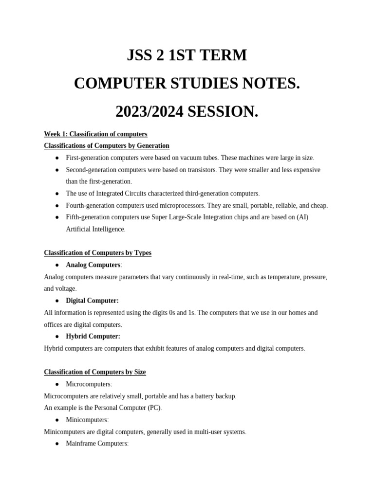 Jss 2 Ict 1st Term Lesson Notes | PDF | Byte | Computer Architecture