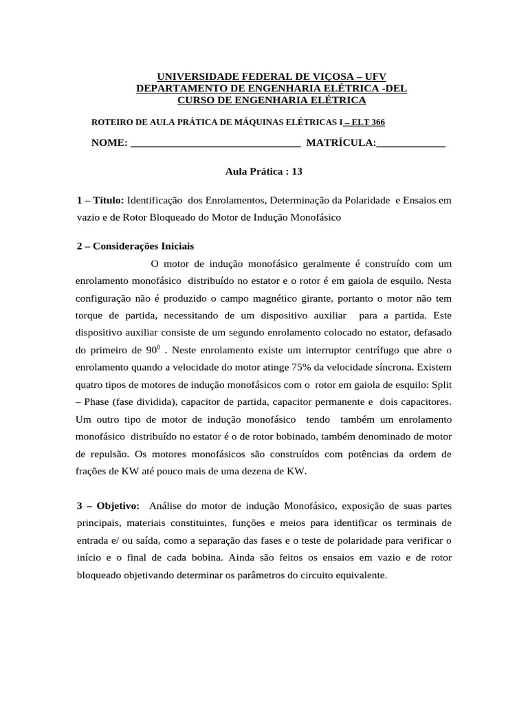 PRÁTICA 13 - Ensaio em Vazio e de C.C Do MIM | PDF | Motor elétrico ...
