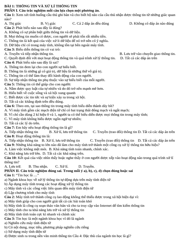 Bộ Câu Hỏi Trắc Nghiệm Tin Gk 1 | PDF