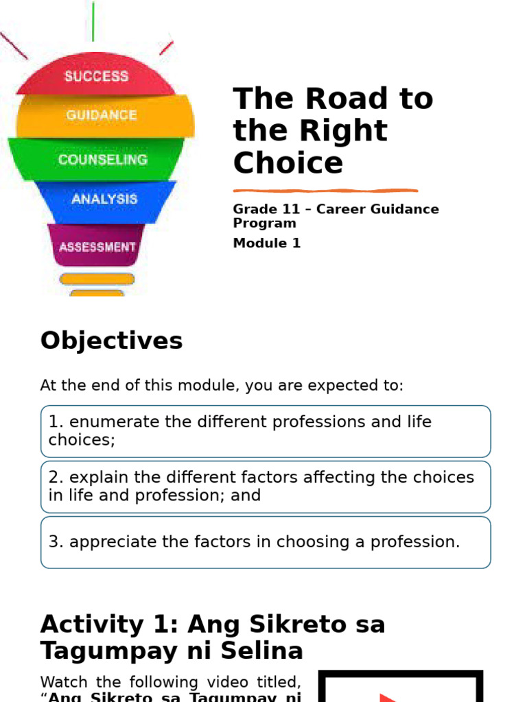 Gr11-CGP - Module 1 - Road To The Right Choice | PDF | Personality Type ...