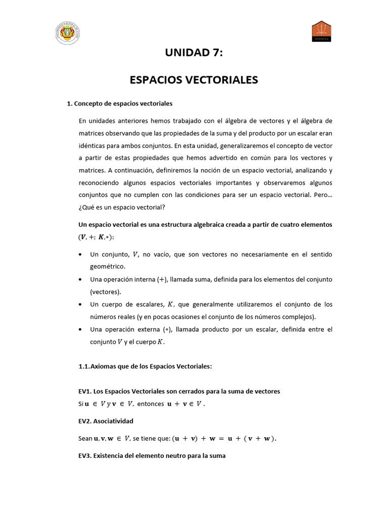 Unidad 7 Espacios Vectoriales 2024 Pdf Espacio Vectorial Base