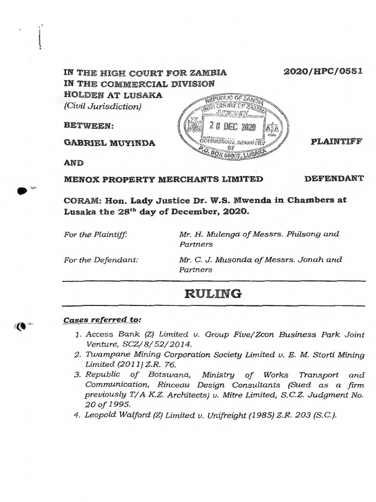 Gabriel Muyinda V Menox Property Merchants Limited (2020HPC0551) 2020 ...