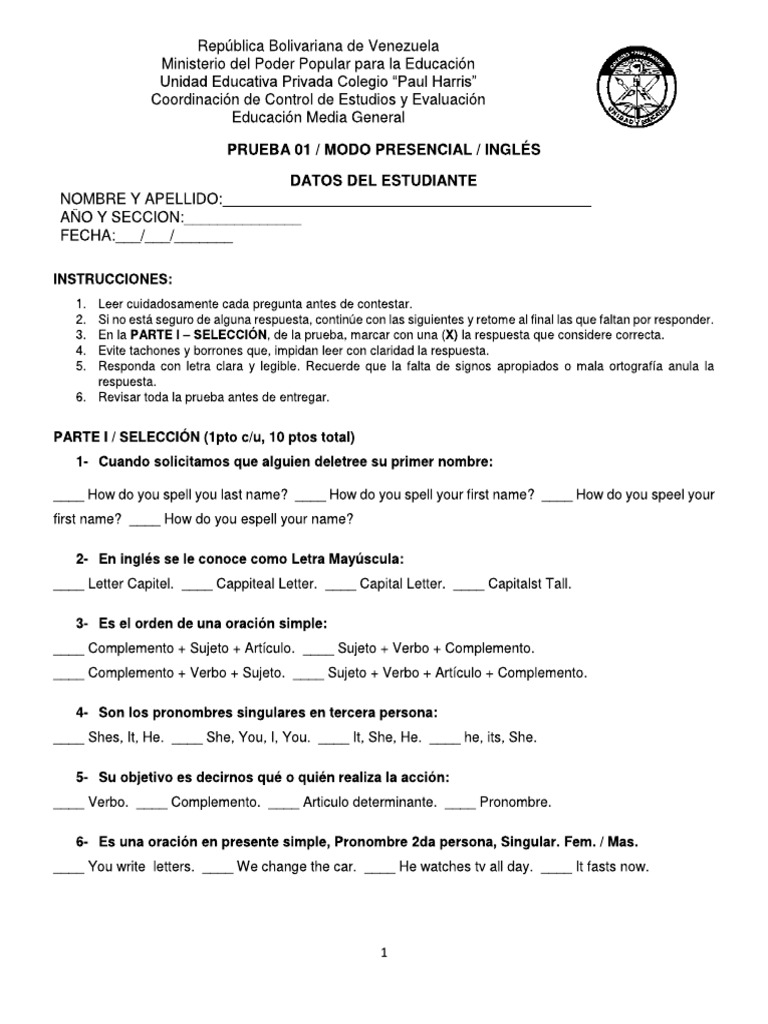 ING PRUEBA 1 MODO PRESENCIAL 1 y 2 Año AB | PDF