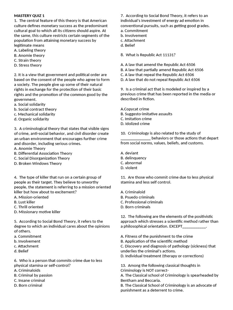 Mastery Quiz Modified | PDF | Criminology | Crimes