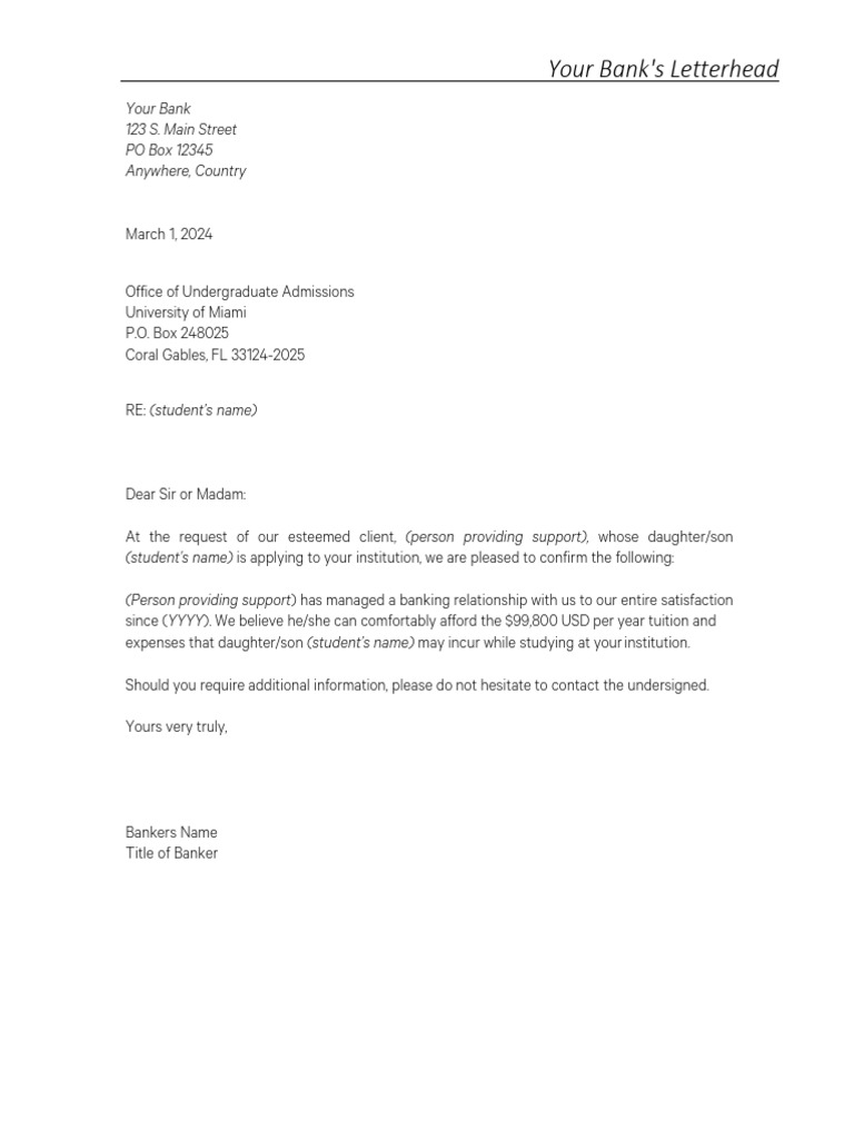 Bank Letter of Financial Support | PDF