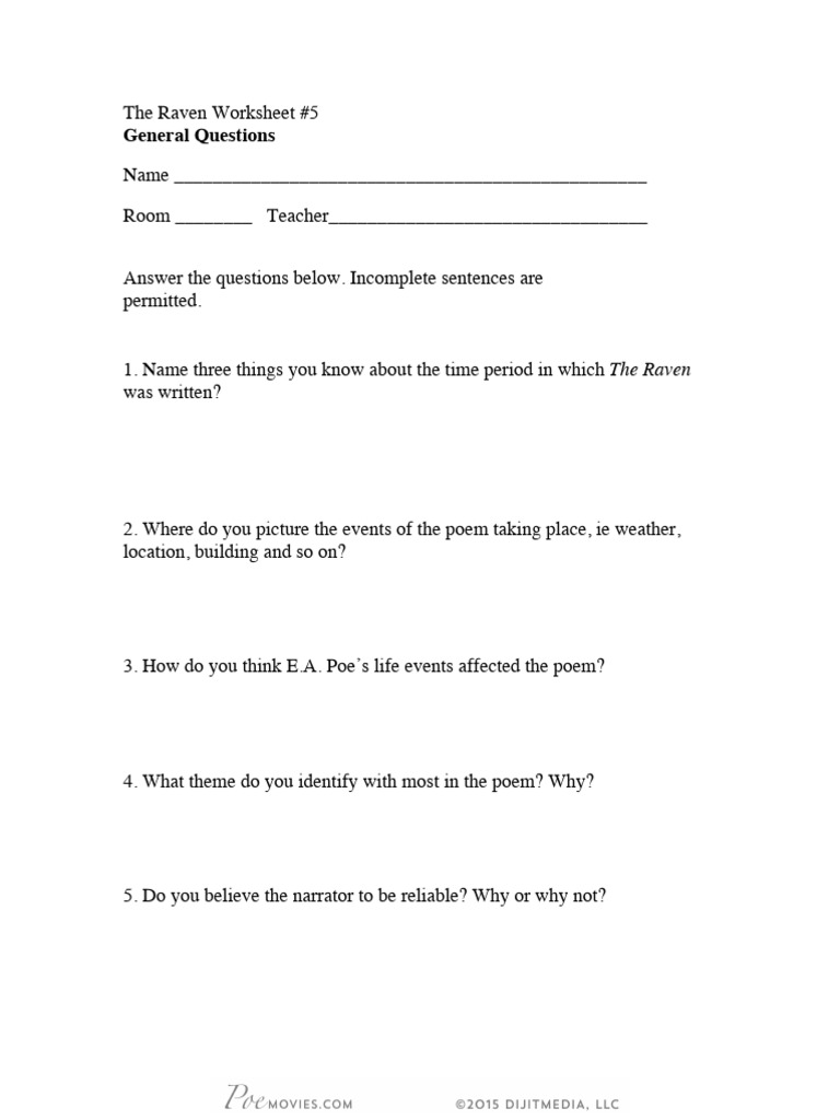 The Raven Analysis Worksheet #5 | PDF