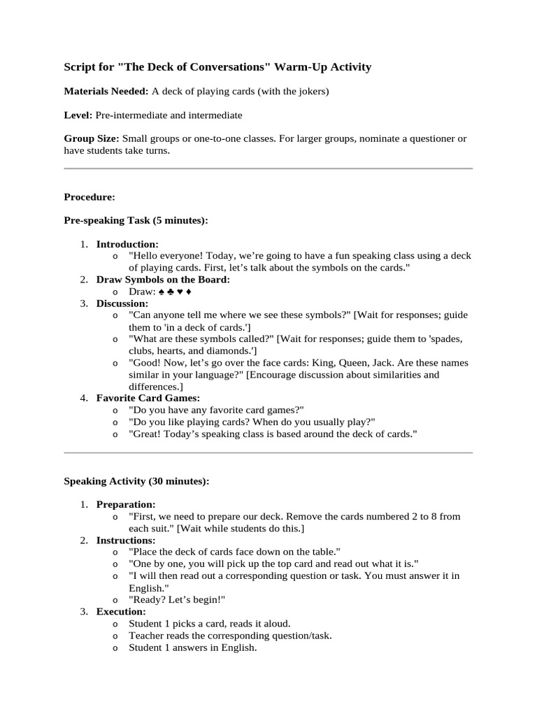 1 Script For The Deck of Conversations Warm-Up Activity | PDF | Playing Cards