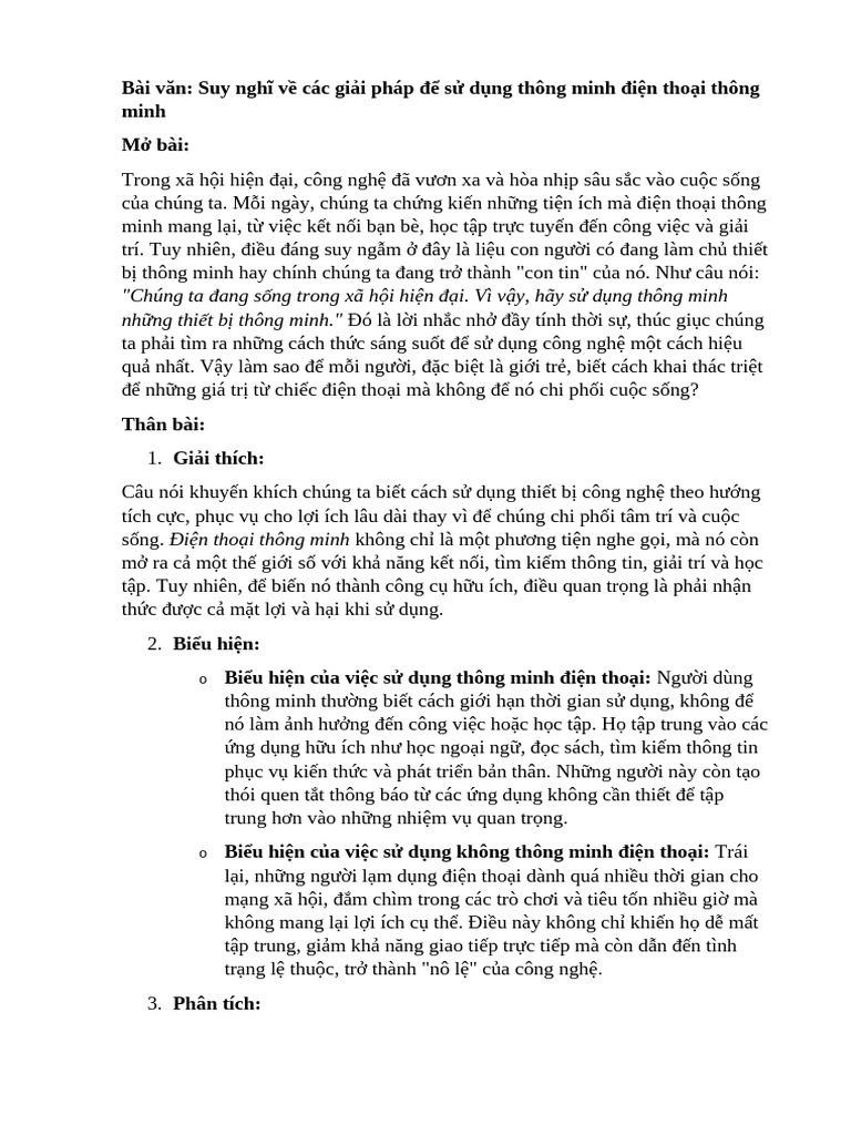 Bài văn nêu suy nghĩ về giải pháp sử dụng thông minh điện thoại thông minh | PDF