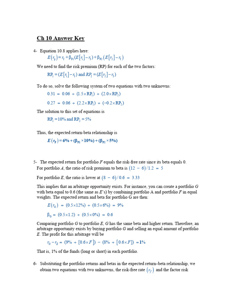 CH 10 Selected Exercises Answer Key | PDF | Beta (Finance) | Equations