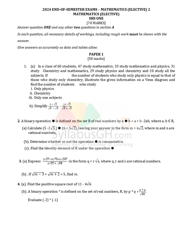 2024 End of Semester Elective Maths 2 | PDF