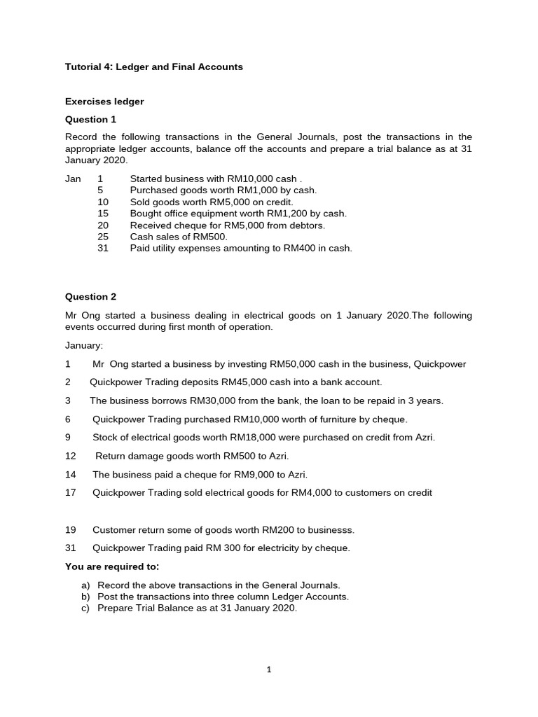 Tutorial 4 Ledger and Final Accounts | PDF | Debits And Credits | Expense